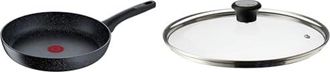 T-fal G28106 Black Stone Bratpfanne 28 cm | Mineralia+ Antihaftversiegelung & Glasdeckel 28 cm, Edelstahlfassung, Spülmaschinenfest, Dampfventil, Thermokuns