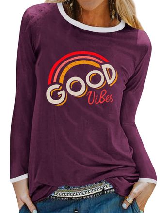 Dresswel Damen Good Vibes T-Shirt Regenbogen Muster Shirt Rundhals Langarmshirt Oberteile Hemd Tops Bluse