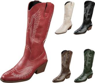 Generic Bottes de cowboy occidentales mi-mollet pour femme avec broderie florale, bout pointu et talon &eacute;pais &agrave; enfiler, style r&eacute;tro, chaussures occidentales c