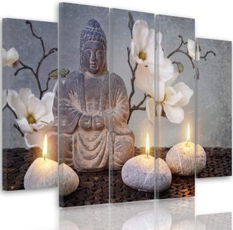 Feeby Leinwandbild - 5 Teile - Bilder, Wand Bild, Wandbilder, Kunstdruck XXL, 5-Teilig, Typ B, 100x70 cm, BUDDHA, ZEN-KULTUR, KERZEN, BLUMEN