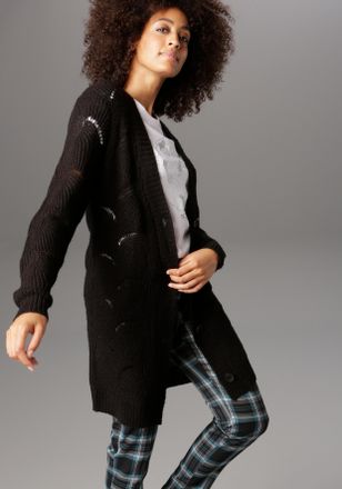 Aniston Longstrickjacke ANISTON SELECTED, Damen, Gr. 34, schwarz, Strick, Obermaterial: 100% Polyacryl, l&auml;ssig geschnitten ca. Mitte Oberschenkel, V-Ausschnit