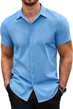 Coofandy Hemden Herren Kurzarm Business Hemd Freizeithemd Bügelfrei Sommerhemd Regular Fit Kurzarmhemd Button Down Hemd Männer Herrenhemd Kurzarm Blau 3XL