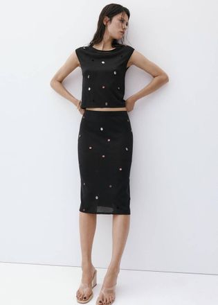 Mango Jupe en maille fine &agrave; sequins noir - Femme - XS - MANGO