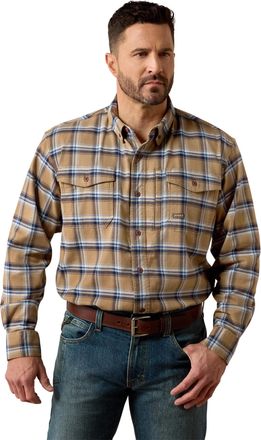 Ariat Mens Rebar Flannel DuraStretch Work Shirt Long Sleeve in Field Khaki Cotton, Size X-Large, by Ariat