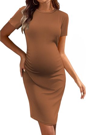 Ekouaer Damen Umstandskleid Kurzarm Sommerkleider L&auml;ssig Schwangerschaftskleid Gerippt Umstandsmode, Braun S