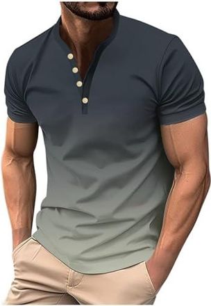Generic Chemise Henley l&eacute;g&egrave;re et d&eacute;contract&eacute;e pour homme - Classique - Respirant - Extensible - Coupe ajust&eacute;e - Bouton confortable - Manches courtes - Pour le