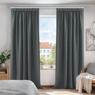Deconovo Lot de 2 Rideaux Chambre Garcon Thermique Anti Froid Porte Fenetre Rideaux Balcon Cuisine Int&eacute;rieur Galon Fronceur Gris Fonc&eacute; 140x245cm
