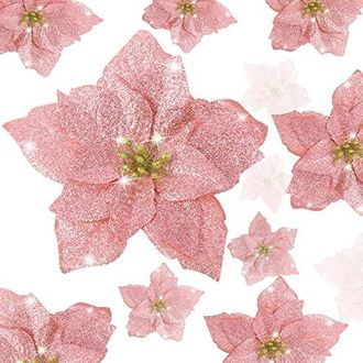 WILLBOND 36 Pi&egrave;ces Fleurs Artificielles de No&euml;l Paillettes Poinsettia - D&eacute;corations de Mariage, Ornements de Nouvel an et Sapin de No&euml;l (Or Rose)
