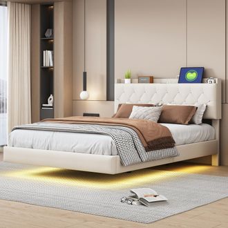 Generic Polsterbett mit LED-Farbwechsel-Lichtleiste und USB-Ladeanschluss, Stauraumbett mit höhenverstellbarem Kopfteil, stabiles Metallgestell, Leinenstoff, 