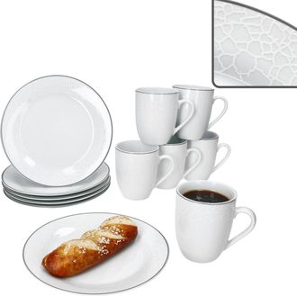 MamboCat Venedig 12tlg Fr&uuml;hst&uuml;cksset I wei&szlig;es Porzellan Geschirr mit Relief in Kieselstein-Optik & grauer Linie I je 6x Kuchenteller & 6x Kaffeebecher 300 ml I