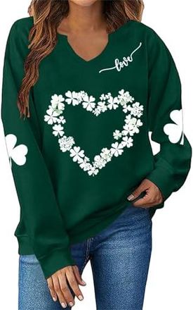 Generic Sweat-shirt de la Saint-Patrick pour femme - Imprim&eacute; tr&egrave;fle irlandais - Fantaisie - Grande taille - Haut &agrave; manches longues - Col en V - Tr&egrave;fle irlanda