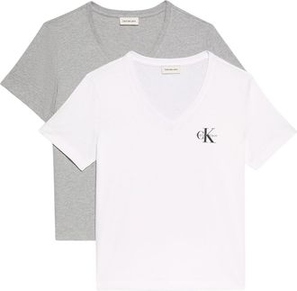 Calvin Klein Damen 2er Pack T-Shirts Kurzarm Logo Tee mit V-Ausschnitt, Mehrfarbig (Heroic Grey Heather/Brilliant WHI), L