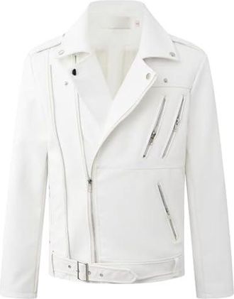 Generic Veste de moto en cuir synth&eacute;tique avec fermeture &eacute;clair asym&eacute;trique pour homme, blanc, XXL