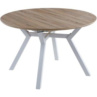 PEGANE Table &agrave; manger ronde extensible en bois coloris ch&ecirc;ne, pieds blanc - diam&egrave;tre 120 - 160 x Hauteur 75 cm