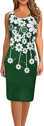 Generic Robes amincissantes d&eacute;t&eacute; pour femmes, robe mince imprim&eacute;e, sans manches, col rond, jupe longue pour femmes, Vert, XXL