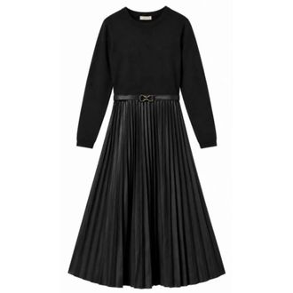 Twinset Robe midi &agrave; col rond et texture pliss&eacute;e - Femme - Robes - Noir - Taille: 38 FR