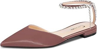 Castamere Femmes Bas Talon Heel Pointu Bout Lanières Cheville Diamant Cristal Escarpins Chaussures Plates Danse Dress Satin 1 CM Heels Marron Rose 45 EU