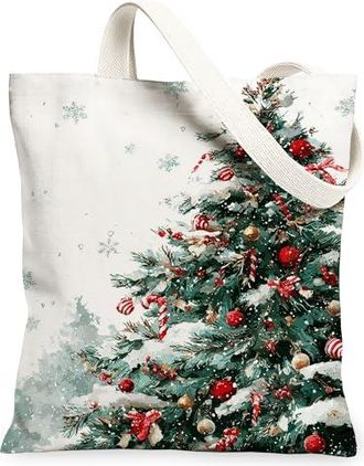 Generic Sacs fourre-tout en toile de vacances, motif arbre festif, sacs de courses r&eacute;utilisables, charmants sacs saisonniers, l&eacute;gers et lavables avec bandouli