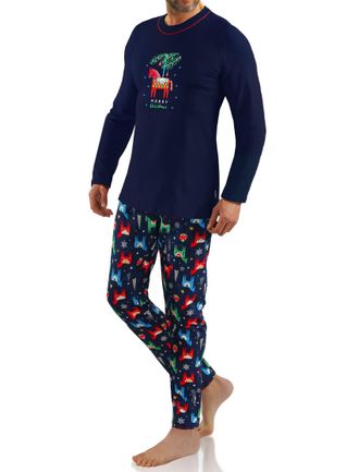 Sesto Senso Weihnachtsschlafanzuge Herren weihnachtspyjama Schlafanzug Lang Baumwolle B&uuml;ndchen Langarm Shirt Zweiteilig Set Nachtw&auml;sche XXL Pferd Dunkelblau 2643/