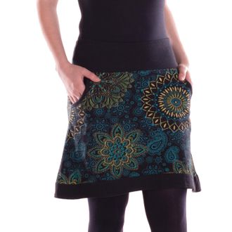 vishes Alternative Bekleidung - Damen Mini-Rock Baumwolle Blumen-Muster elastischer Bund mit Taschen schwarz-gr&uuml;n 34-36