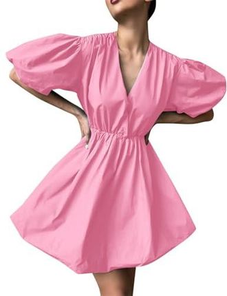Generic Mini robe sexy &agrave; manches courtes bouffantes avec col en V et taille haute &eacute;lastique pour femme, robe d&eacute;t&eacute;, robe ample, robe de vacances pour femme, ro