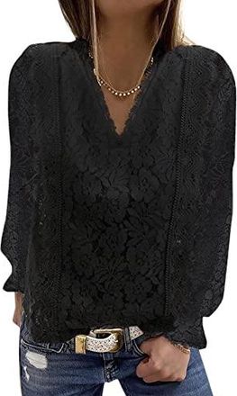 TOMWELL Chemisier Blouse Ample à Manches Longues Col Rond en Dentelle Pullover Jumper Casual Couleur Unie Blouse Mode T-Shirt Noir XL