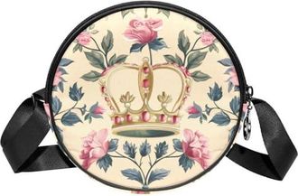 Generic Sac &agrave; bandouli&egrave;re rond pour femme, motif couronne de princesse, motif floral, petit sac &agrave; dos &agrave; bandouli&egrave;re avec fermeture &eacute;clair, bretelles r&eacute;glables