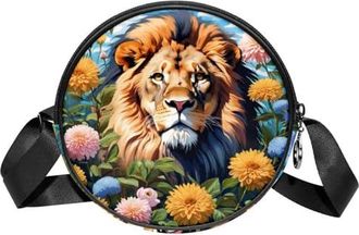 Generic Petit sac &agrave; bandouli&egrave;re circulaire pour femme, motif fleur de lion, sac &agrave; dos avec fermeture &eacute;clair, bretelles r&eacute;glables, sac &agrave; main rond d&eacute;contract&eacute; 