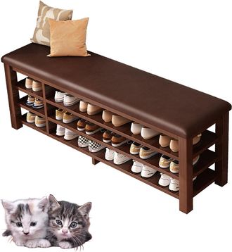 Generic Bankschuh Rack Eingangsaufbewahrung Massivholz mit Kissen kleine Eingangsbank Sitz Mudroom Hurway Schuhschrank Organizer braun 100cm