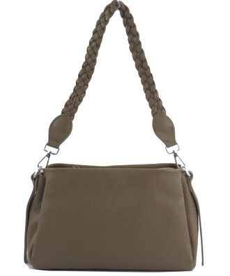 modamoda.de T263 Damen Leder Schultertasche, handmade in Italy, 27x10x18 cm, 3 Hauptf&auml;cher, abnehmbarer Henkel, Farbe:Dunkeltaupe