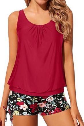 Yonique Maillot de bain tankini blousant pour femme 2 pi&egrave;ces haut avec short coupe ample modeste, rouge floral, Taille L