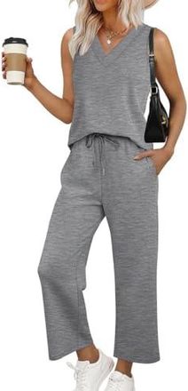 Generic Ensemble 2 pièces haut sans manches et pantalon large pour femme, débardeur à col montant et pantalon large court (Gray,XL)