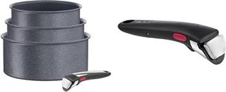 T-fal Ingenio Lot de 3 casseroles 16/18/20 cm + poign&eacute;e amovible, Induction & Ingenio Poign&eacute;e amovible noire, Empilable, Amovible, Verrouillage s&eacute;curit&eacute; 3 p