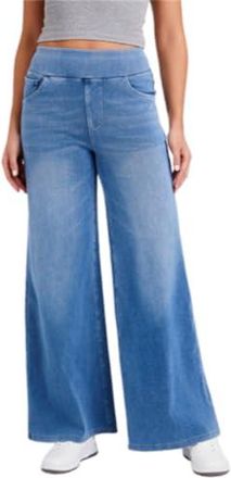 Generic Jean d&eacute;contract&eacute; &agrave; jambe large pour femme - Taille haute - &Eacute;lastique - &Eacute;vas&eacute; - Extensible - &Agrave; enfiler - Pantalon long et droit avec poche, bleu clair,