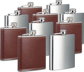 Relaxdays 10x Flachmann 200 ml, 5 Taschenflaschen mit Kunstleder H&uuml;lle, 5 kleine Flachm&auml;nner aus Edelstahl, f&uuml;r unterwegs, Silber
