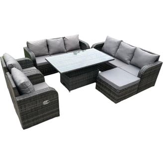 Fimous Fimous 9-Sitzer PE Rattan Outdoor Gartenm&ouml;bel Sets H&ouml;henverstellbare aufsteigende DiningTable Sofa Set mit Liegestuhl Beistelltisch Dunkelgrau