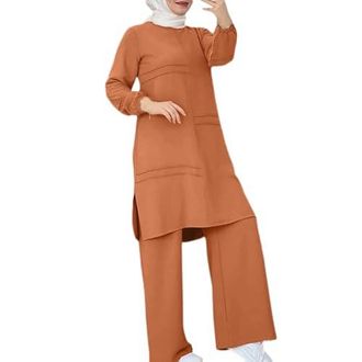 Generic Ensemble de surv&ecirc;tement d&eacute;contract&eacute; de couleur unie &agrave; manches longues et col rond pour femme - Ensemble de v&ecirc;tements de d&eacute;tente pour femme - Pantalon 