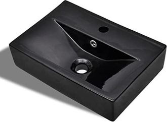 vidaXL Vasque &agrave; Trou de Trop-Plein/Robinet Noir C&eacute;ramique pour Salle de Bain