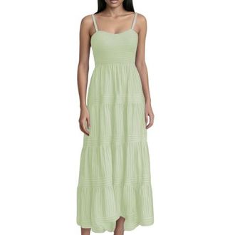 Generic Robe d&eacute;t&eacute; pour femme - Robe longue &agrave; rayures et bretelles spaghetti - Col carr&eacute; - Volants - Ligne A - Robe d&eacute;t&eacute; boh&egrave;me - Robe ample pour la plage, les