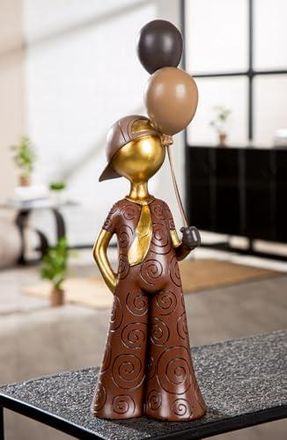 Gilde Figur Ballonjunge aus Kunstharz, 43 cm hoch, braun, mit Ballon-, Hut- und Krawattenmotiv