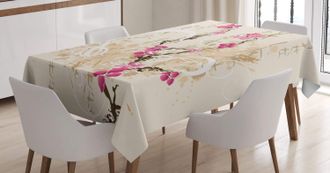 Abakuhaus japanisch Tischdecke, Letters Sakura Blumen, Personalisierter Druck mit Klaren Farben Waschbar Wasserfest kein Verblassen, 140 x 200 cm, Beige Rosa
