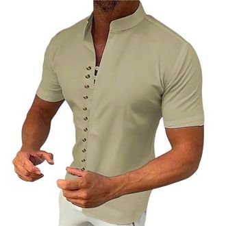 Generic Chemise en coton et lin pour homme - Chemisier dentra&icirc;nement en coton et lin - Col montant - Chemise &agrave; manches courtes - Cardigan l&eacute;ger pour homme, ka