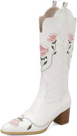 Generic Bottes à bout pointu à talon épais et coupe en V pour femme avec broderie florale décontractée cowgirl chaussures, blanc, 39.5 EU