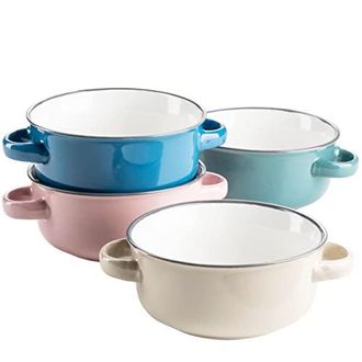 M&auml;ser Maila Lot de tasses &agrave; soupe color&eacute;es pour 4 personnes en c&eacute;ramique aspect &eacute;mail avec anse au design vintage, gr&egrave;s, p&eacute;trole/vieux rose/beige/bleu fonc&eacute;