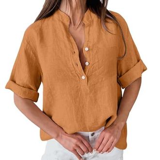 Generic T-shirt en lin pour femme avec poches - Chemisier en lin pour femme - Manches 3/4 - Chemise d&eacute;t&eacute; surdimensionn&eacute;e - &Eacute;l&eacute;gant - Avec boutons - Chemisier 