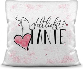 Tassendruck Familie-Kissen mit Spruch für die Weltbeste Tante - Kissenbezug inklusive Kissen/Verwandte/Geschenk-Idee/Liebling/Kinder/Kissen Weiss Flauschig
