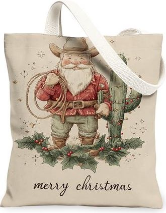 Generic Sacs fourre-tout en toile motif cactus de No&euml;l, vintage, cowboy P&egrave;re No&euml;l, sacs de courses r&eacute;utilisables, l&eacute;gers et lavables avec bandouli&egrave;re, beige, 
