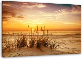 Feeby Bilder Strand 90x60 cm - Leinwandbild - 1 Teilig - Kunstdruck Gras Nordsee Ostsee Himmel orange