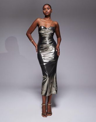 JLUXLABEL Visions of You - Robe bustier mi-longue effet métallisé avec col bénitier - Doré-Argenté