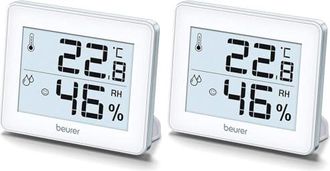 Beurer HM 16 Thermo-Hygrometer, Raumklimakontrolle mittels Temperaturanzeige und Luftfeuchtigkeit, Smiley-Anzeige, Silber, 99 x 81 x 11 mm | 2er Pack